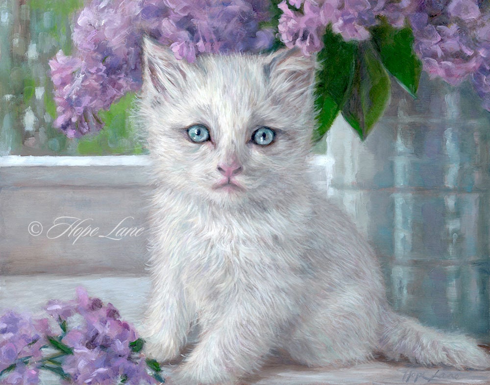 White Cat Print With Flowers White Kitten Wall Art Cat Illustration ...