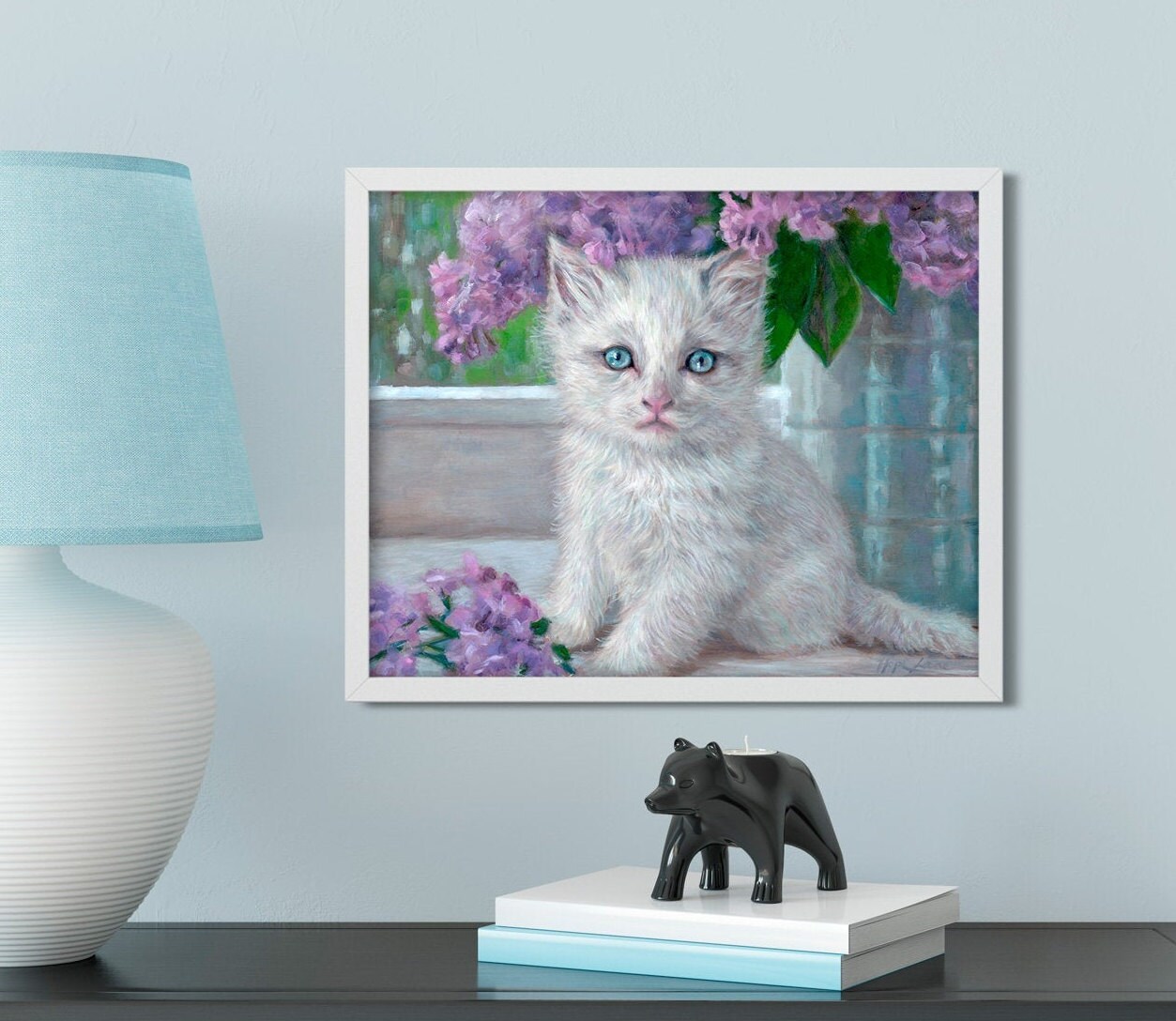 White Cat Print With Flowers White Kitten Wall Art Cat Illustration ...