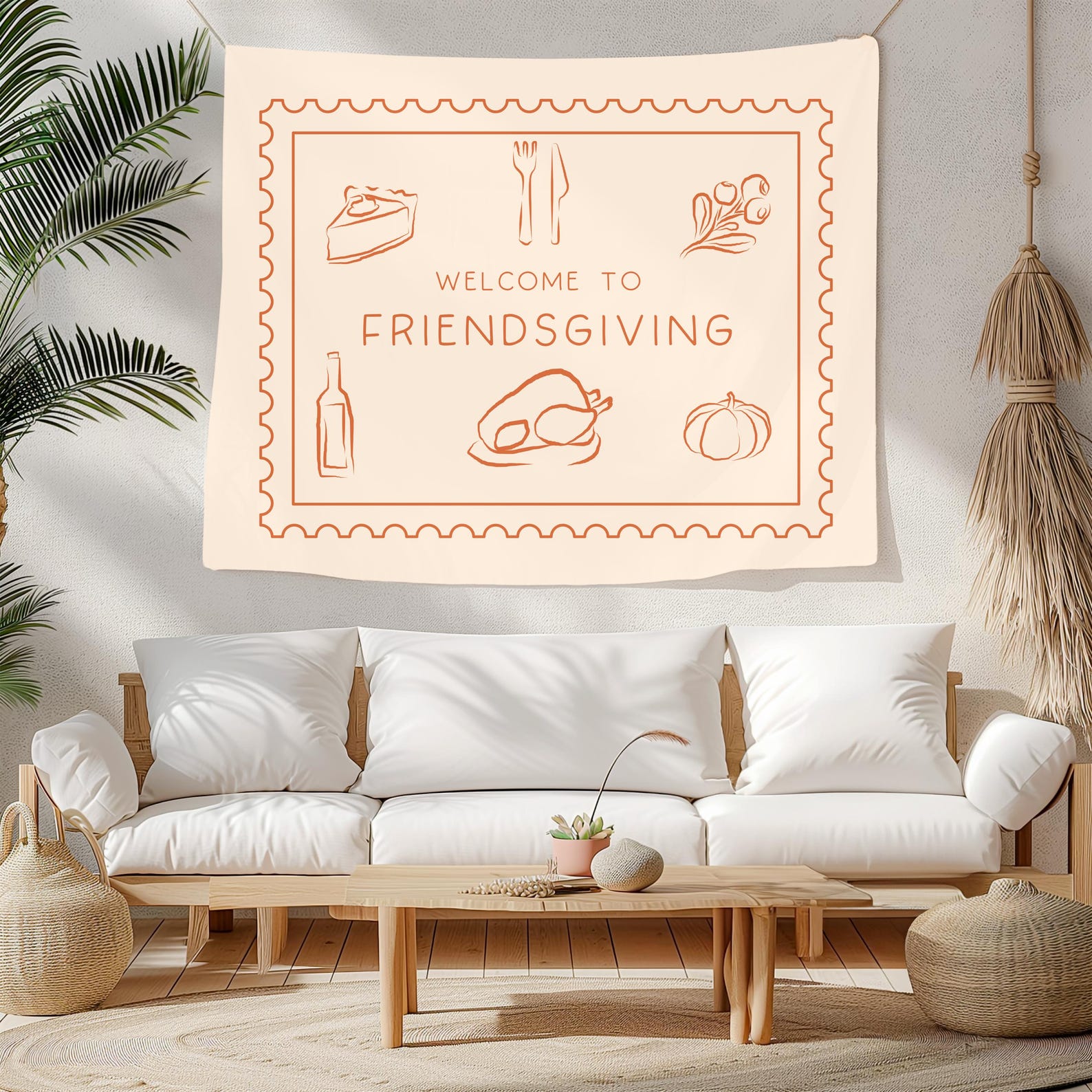 Postage Stamp Friendsgiving Welcome Sign Thanksgiving Doodle Tapestry ...