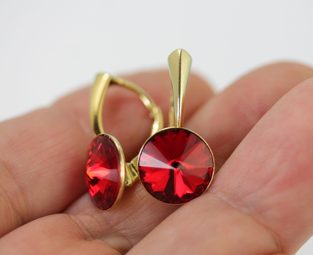 Siam Red Crystal Lever Back Drop Earrings by Art4ear, 10mm Rivoli Cut ...