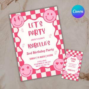 Retro Smiley Birthday Invitation, Pink Checkered Party Invite (instant ...