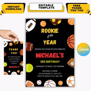 Editable Sports Birthday Invitation, Rookie of the Year Birthday Invite ...