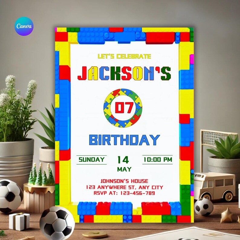 Building Blocks Birthday Invitation, Building Bricks Kids Birthday ...
