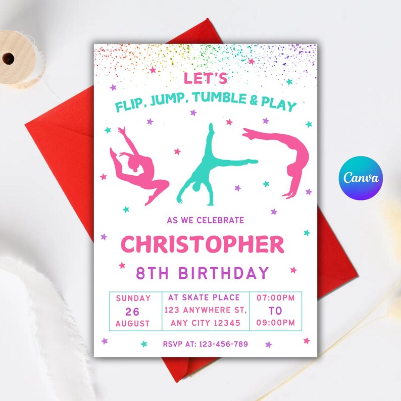 Gymnastics Birthday Invitation, Girl Gymnastics Birthday Invite, Jump ...