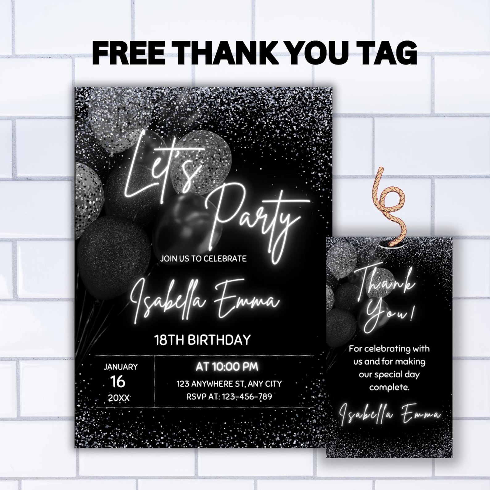 Editable Black Silver Balloons Birthday Party Invitation, Black Silver ...