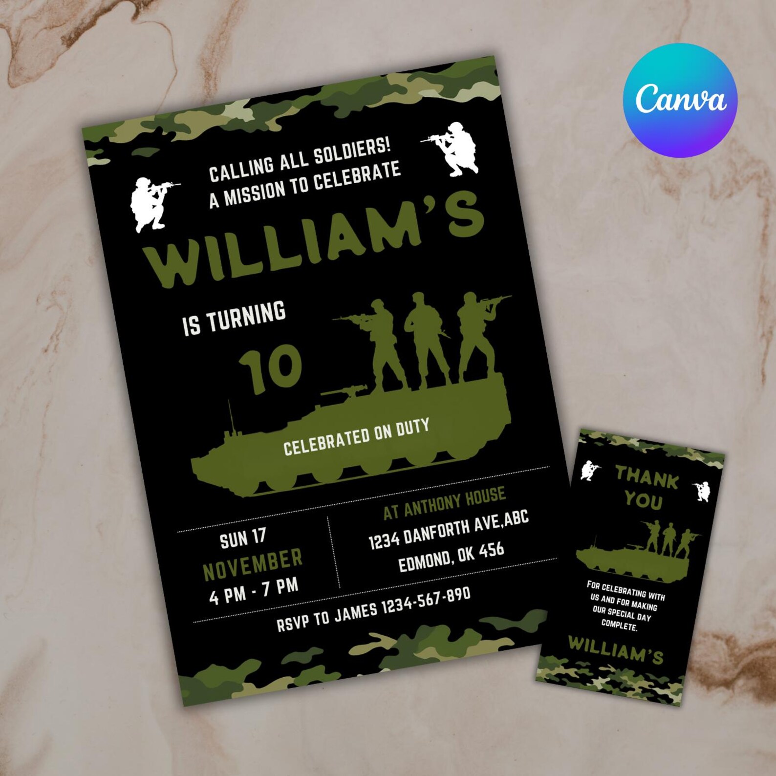 Editable Army Birthday Invite, Military Party Invitations, Soldier ...