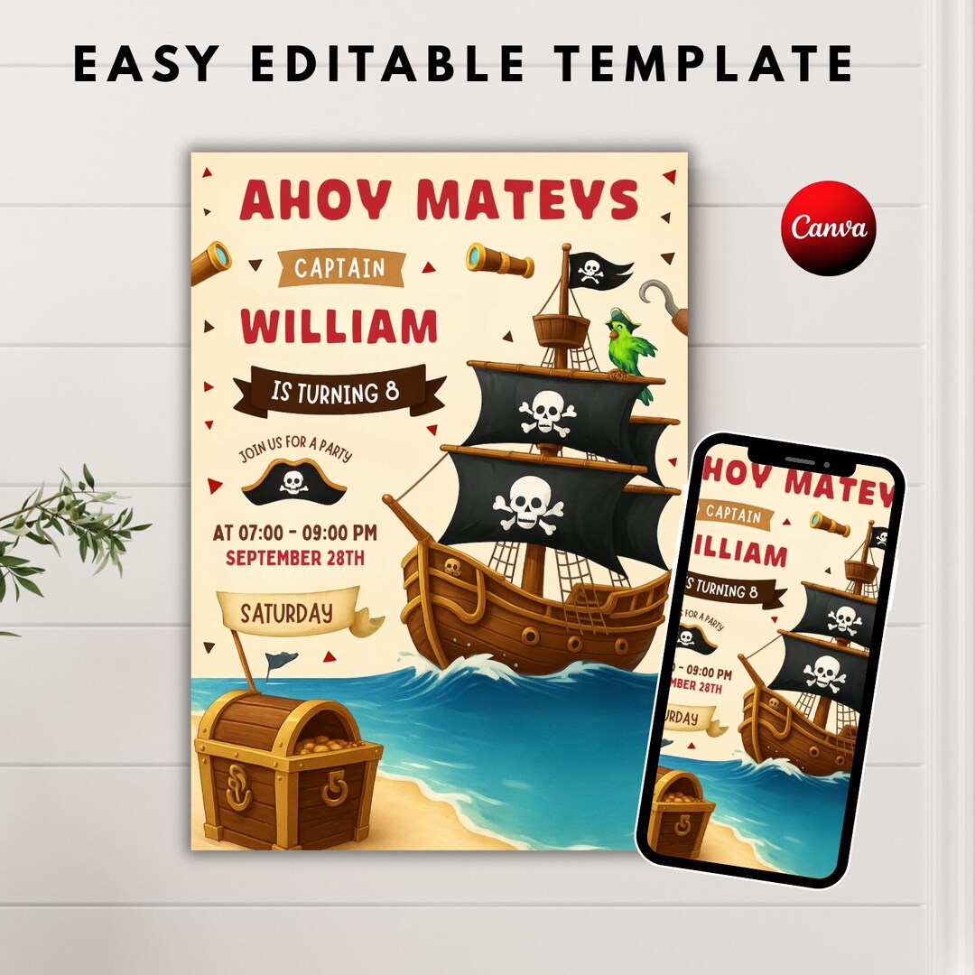 Editable Ahoy Mateys Pirate Birthday Invitation, Pirate Birthday Invite ...