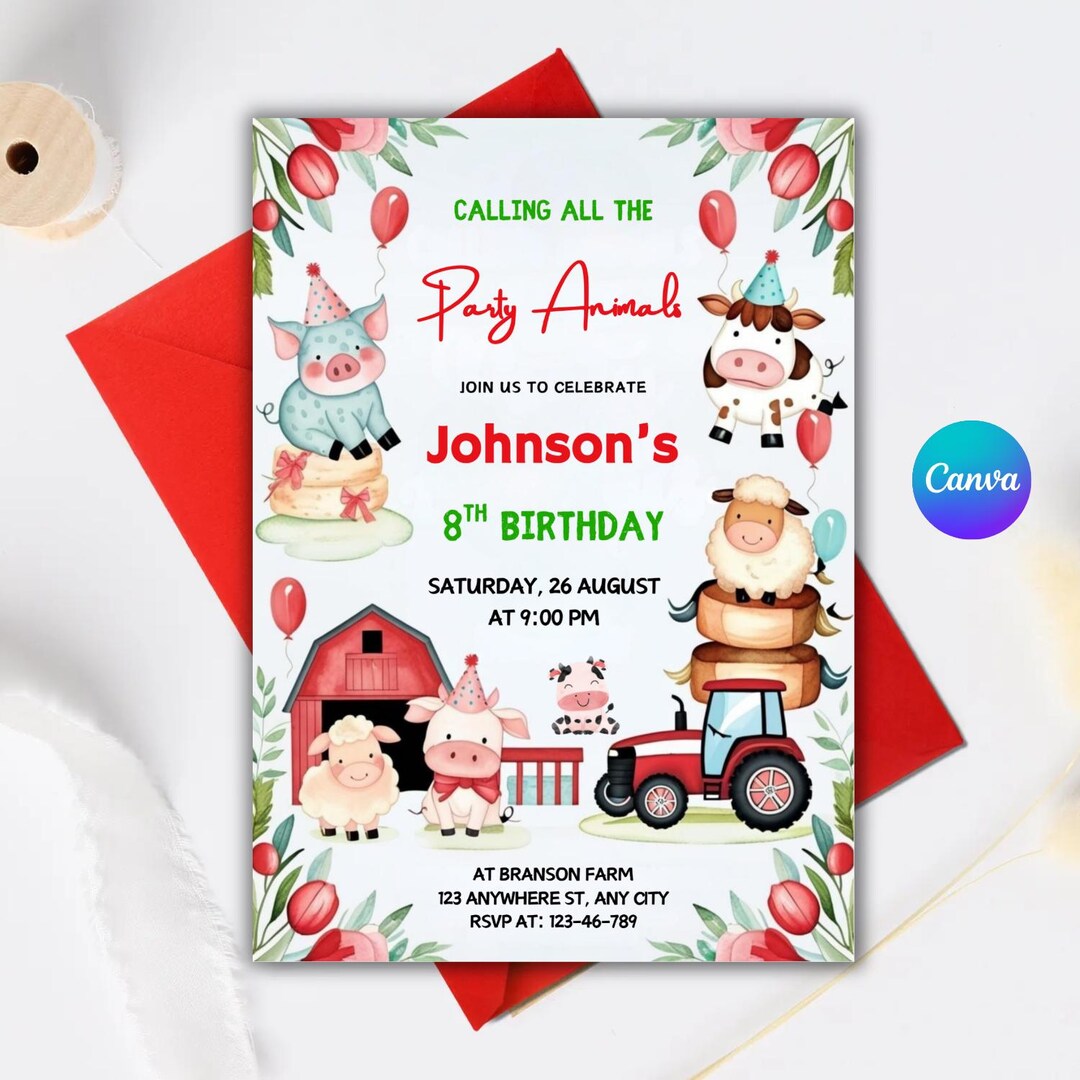 Farm Birthday Invitation, Farm Animals Party Invites, Barnyard Invite ...
