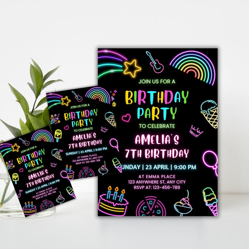 Neon Lights Birthday Invitation, Glow Party Birthday Invite, Neon ...