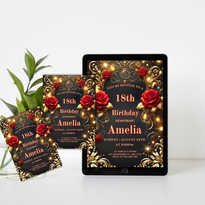 Editable Red and Gold Floral Birthday Invitation, Red Flowers Birthday ...