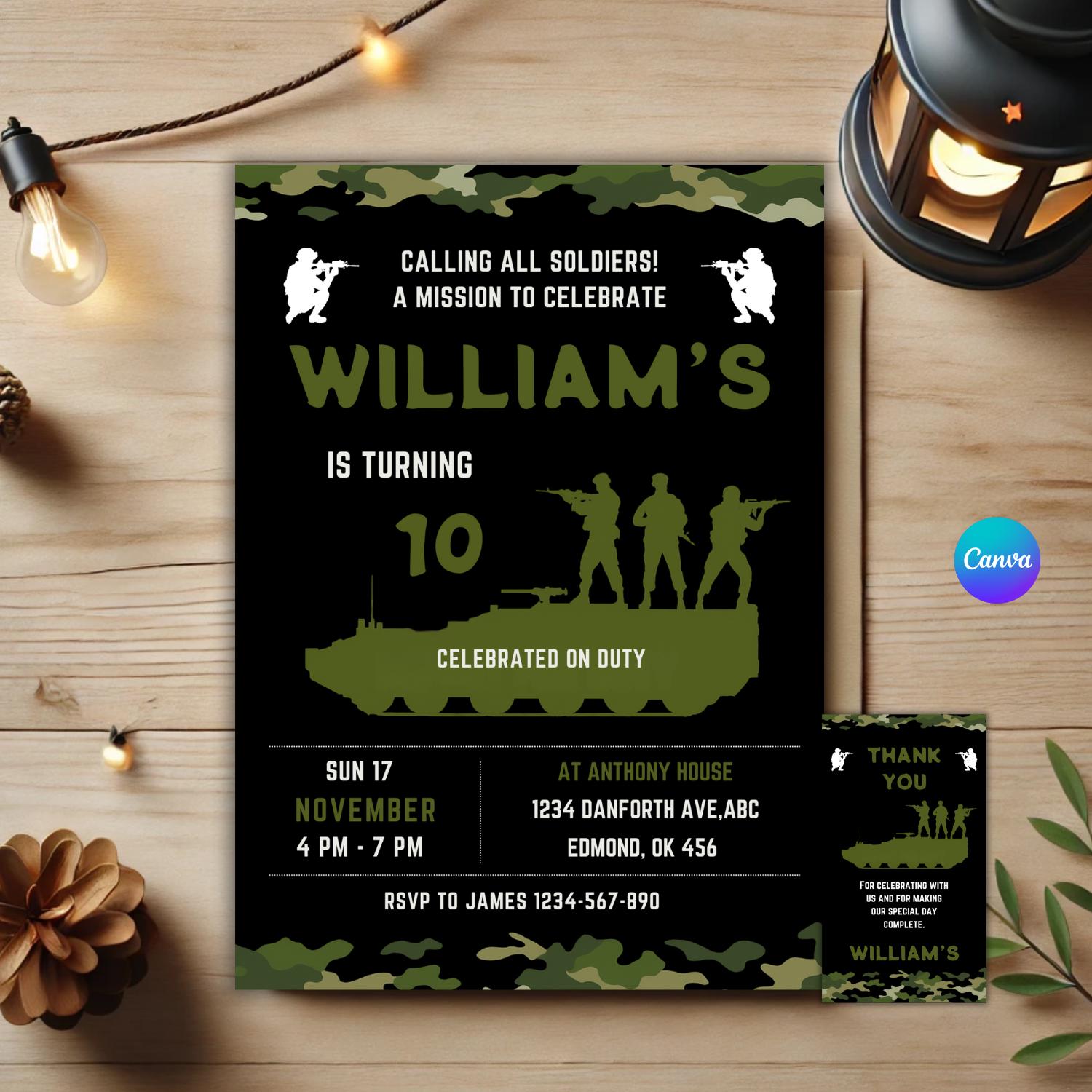 Editable Army Birthday Invite, Military Party Invitations, Soldier ...