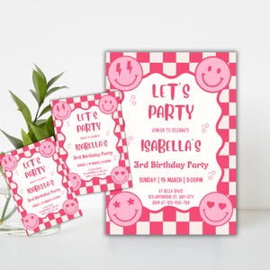 Retro Smiley Birthday Invitation, Pink Checkered Party Invite (instant ...