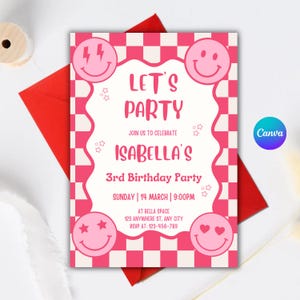 Retro Smiley Birthday Invitation, Pink Checkered Party Invite (instant ...