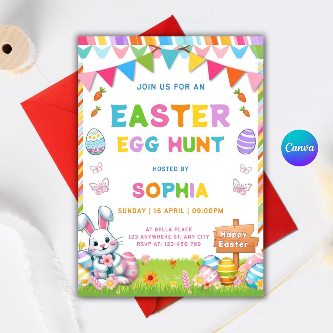 Editable Easter Party Invite, Easter Egg Hunt Invitation, Easter Bunny ...