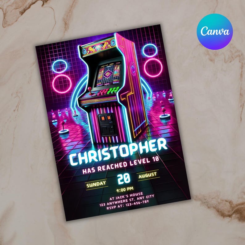 Neon Arcade Birthday Party Invitation (instant Download) - Etsy