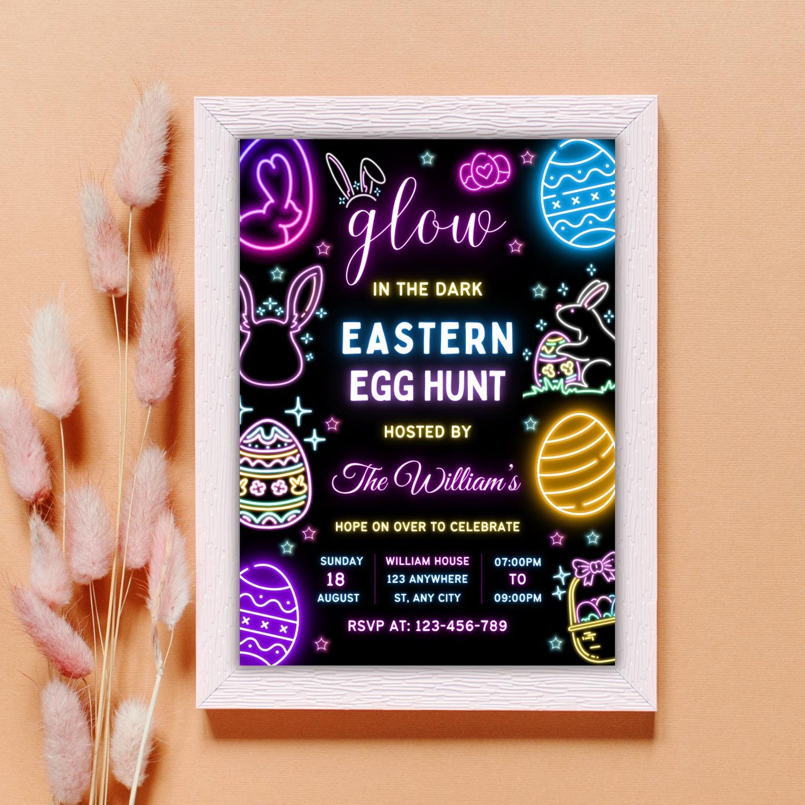 Editable Easter Egg Hunt Invitation, Easter Party Invite, Neon Easter ...