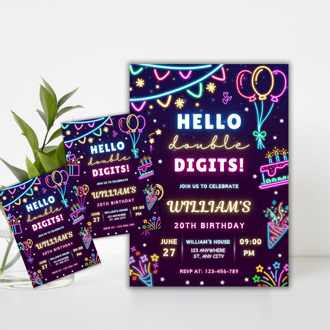 Hello Double Digits Birthday Invitation, Neon Double Digits Invite ...