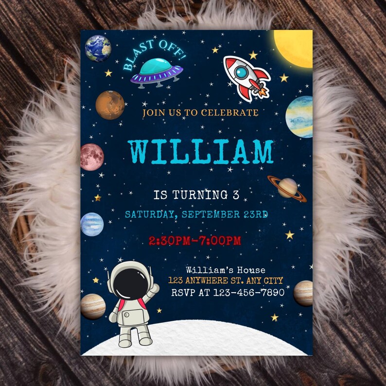 Outer Space Birthday Invitation Template, Planets Rocket Ship Astronaut Invite, Galaxy Blast off ...