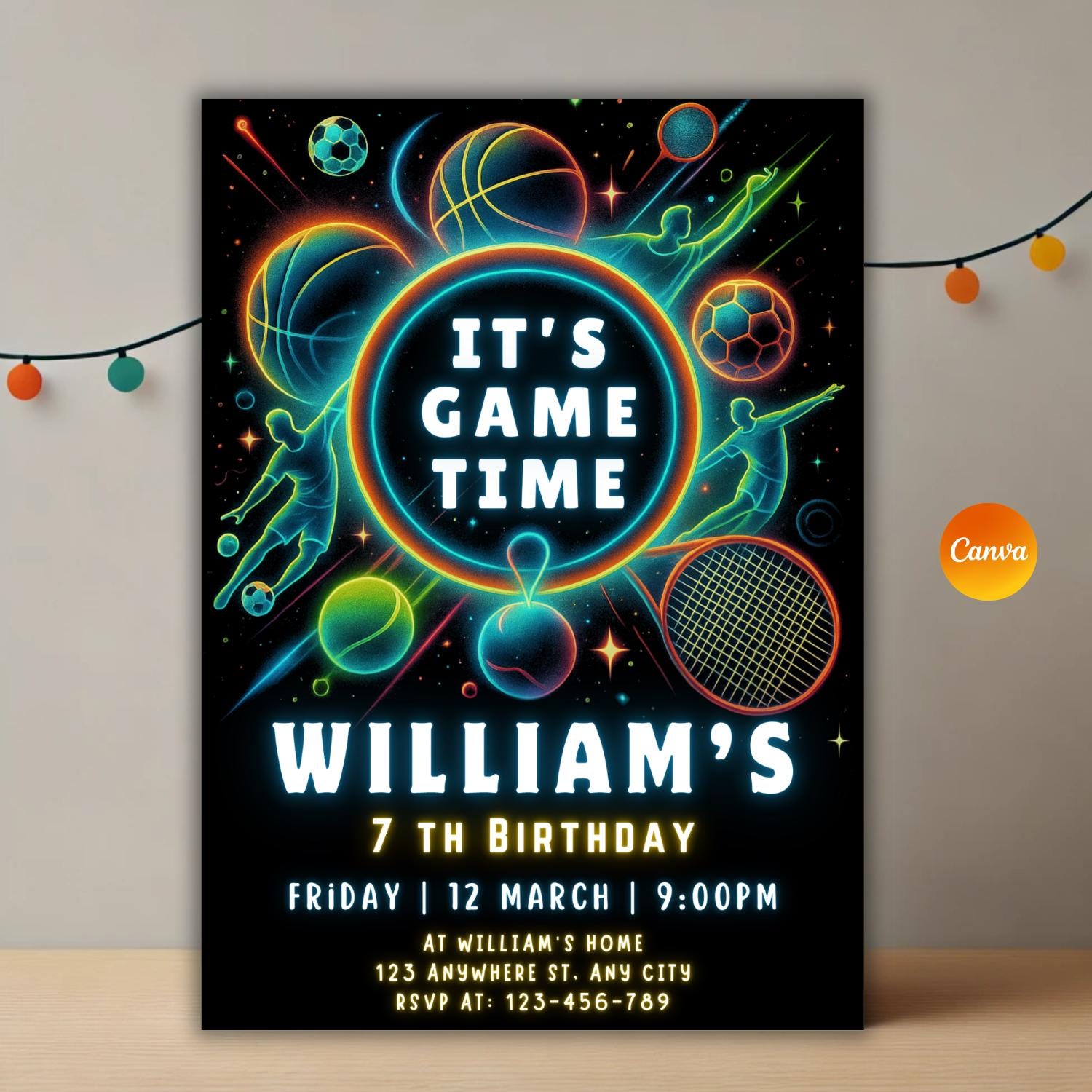 Editable Sports Invitation, Neon Sports Invites, Sports Flyer, Sport ...