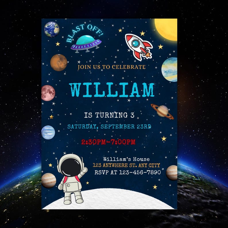 Outer Space Birthday Invitation Template, Planets Rocket Ship Astronaut ...