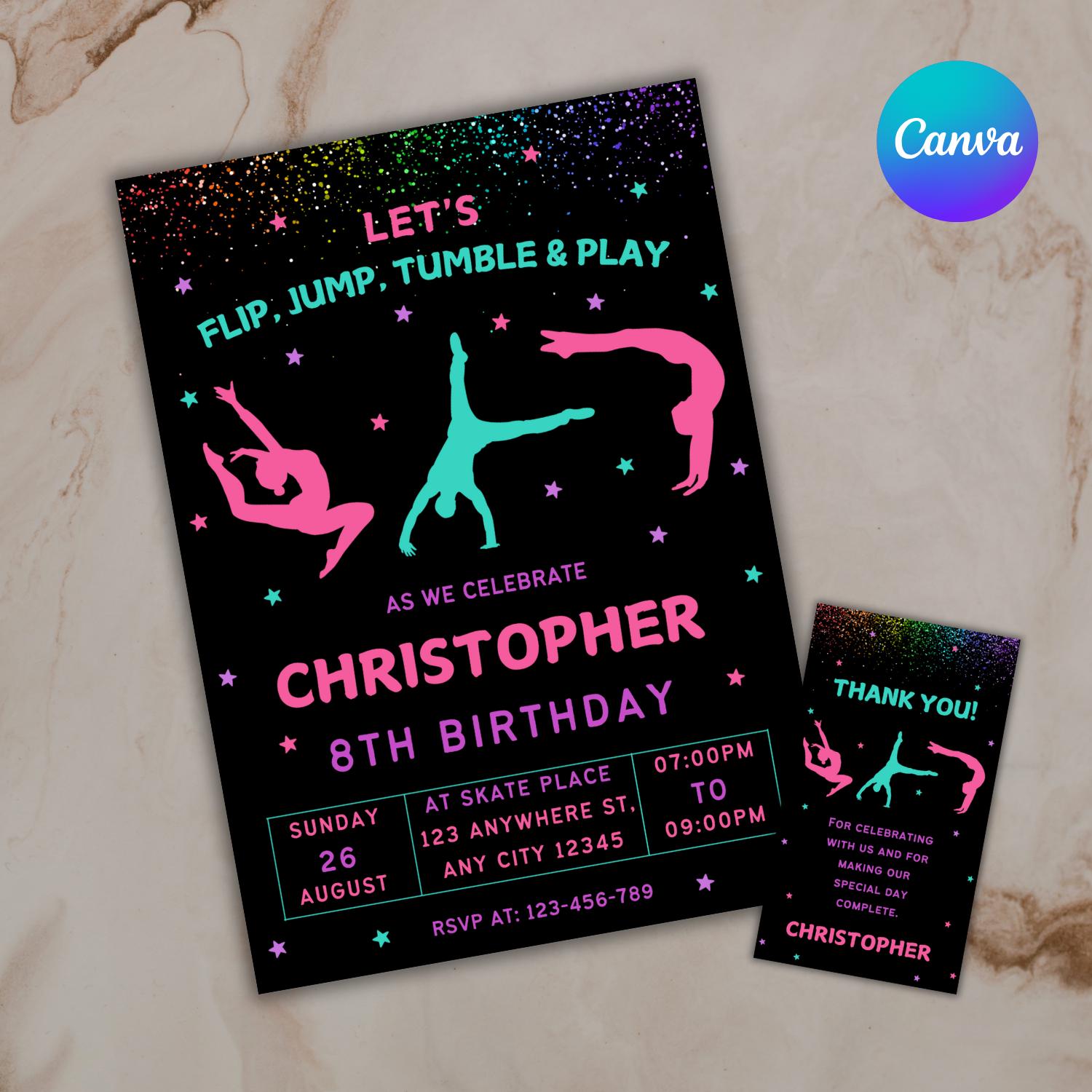 Gymnastics Birthday Invitation, Girl Gymnastics Birthday Invite, Jump ...