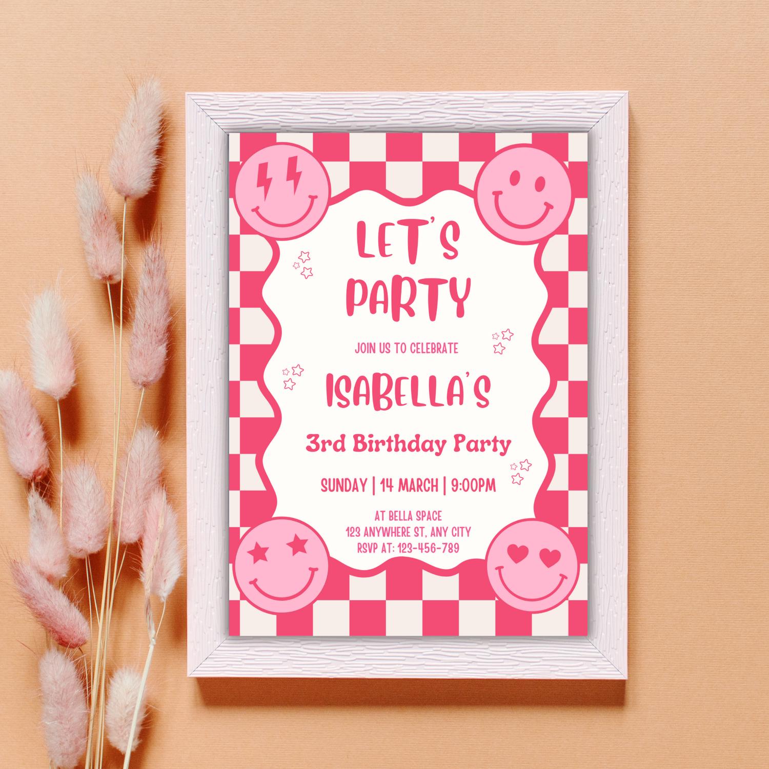 Retro Smiley Birthday Invitation, Pink Checkered Party Invite (instant ...