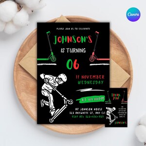 Editable Scooter Skating Birthday Invitation, Scooter Skating Invite ...