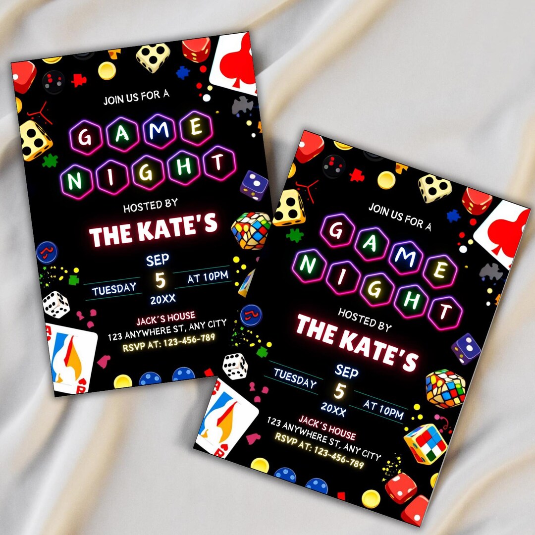 Game Night Invite, Game Night Invitation, Family Game Night, Neon ...