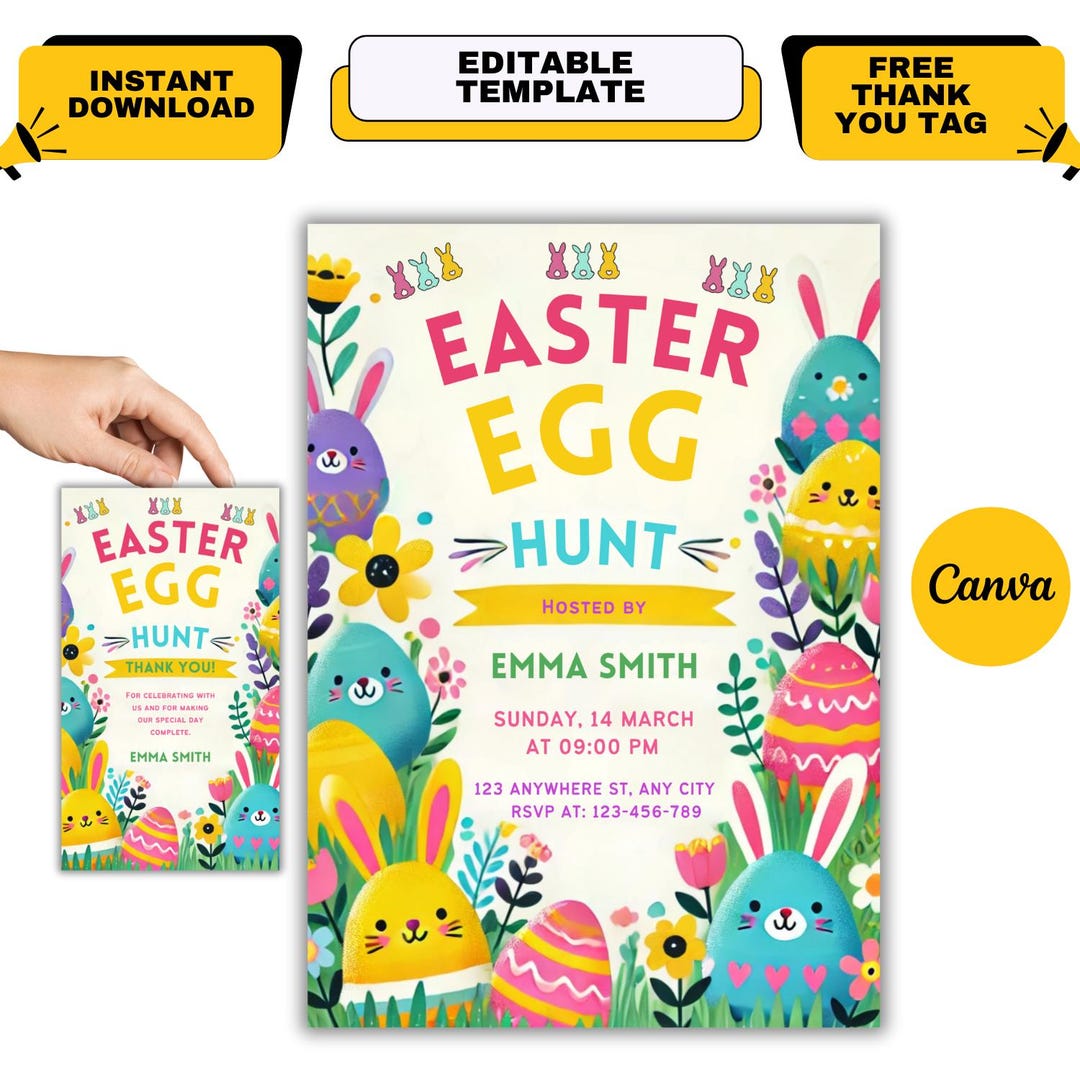 Editable Easter Egg Hunt Invitation, Easter Party Invite, Easter Bunny ...