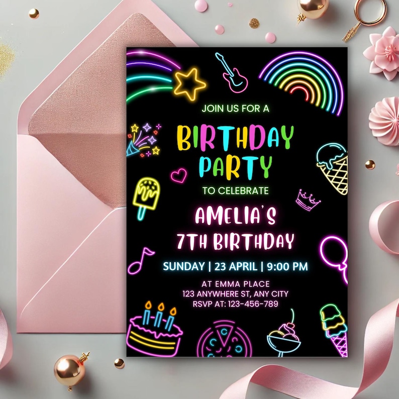 Neon Lights Birthday Invitation, Glow Party Birthday Invite, Neon ...