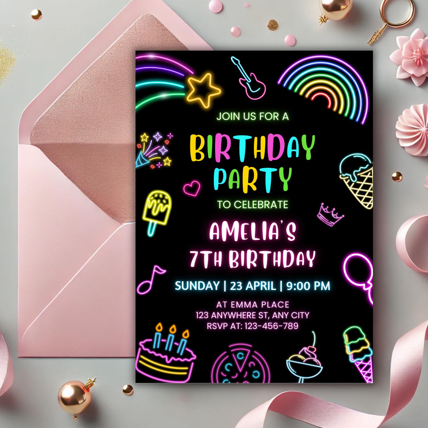 Neon Lights Birthday Invitation, Glow Party Birthday Invite, Neon ...
