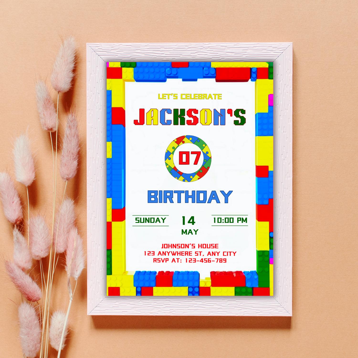 Building Blocks Birthday Invitation, Building Bricks Kids Birthday ...