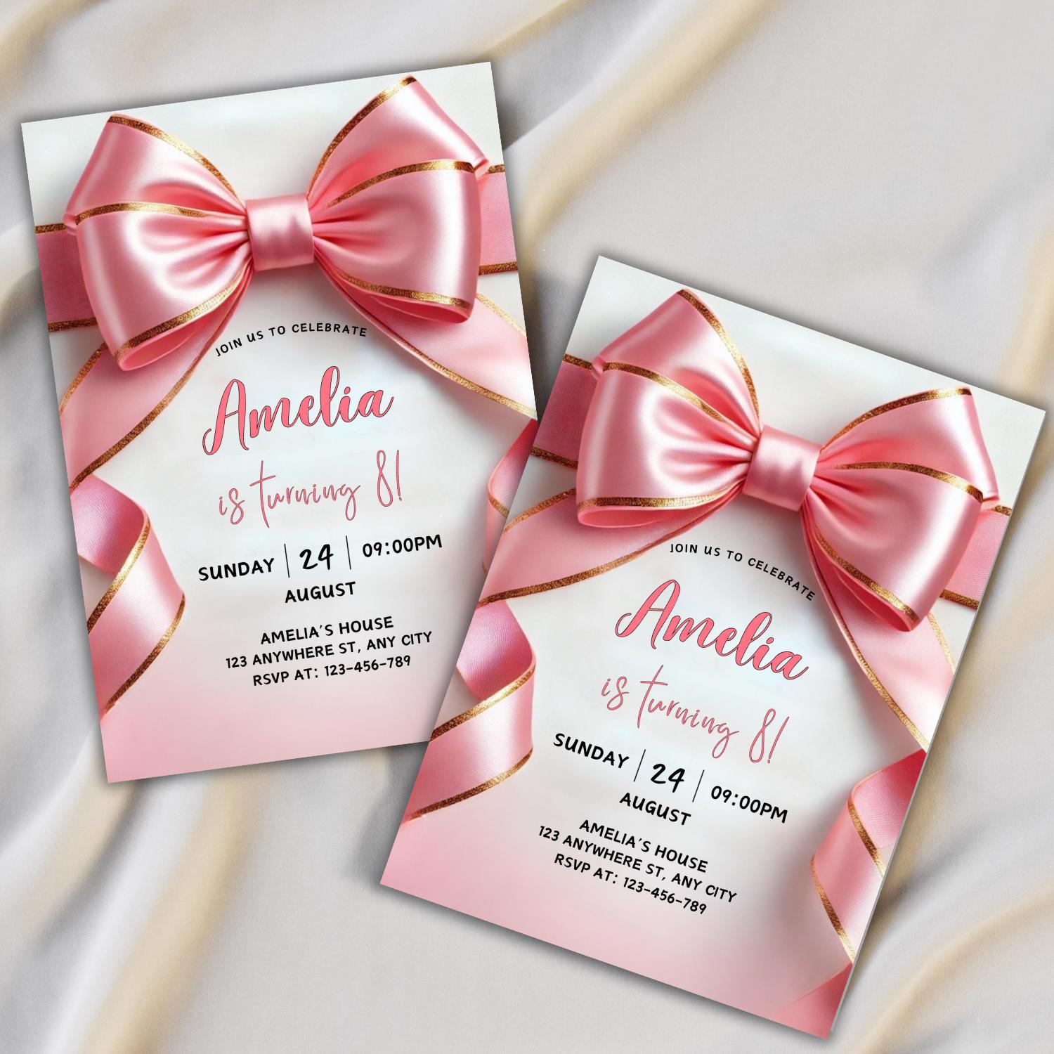 Pink Bow Invitation, Pink Bow Birthday Invite, Coquette Bow Invite ...