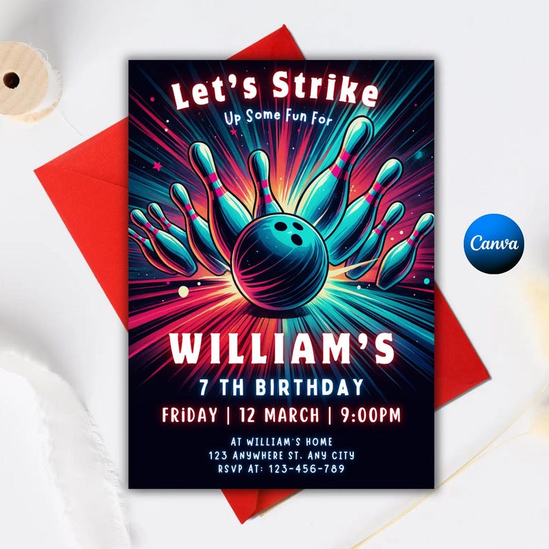 Neon Bowling Birthday Invitation, Glow Party, Editable Canva (digital ...
