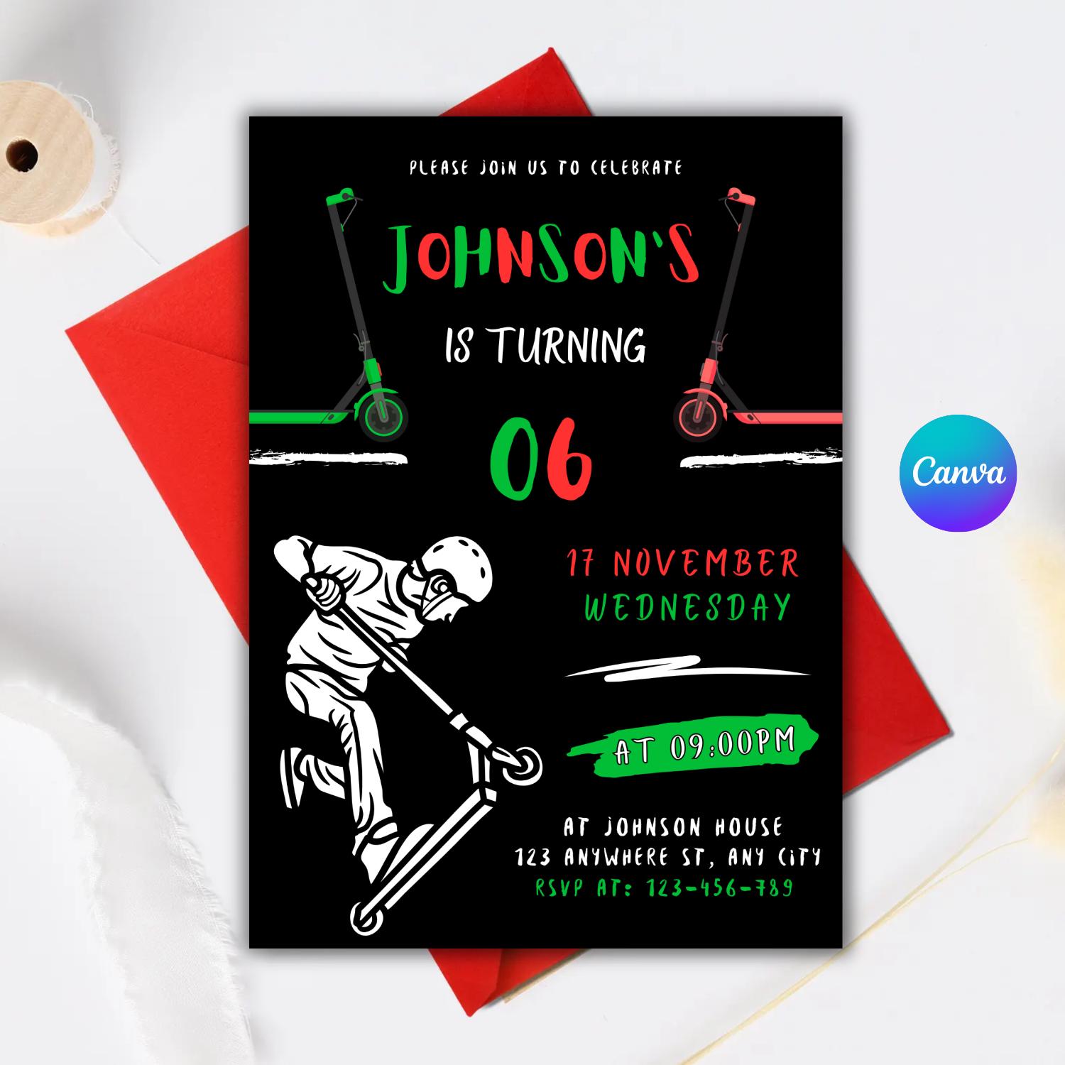 Editable Scooter Skating Birthday Invitation, Scooter Skating Invite ...