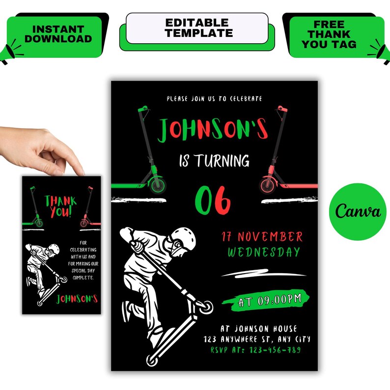 Editable Scooter Skating Birthday Invitation, Scooter Skating Invite ...