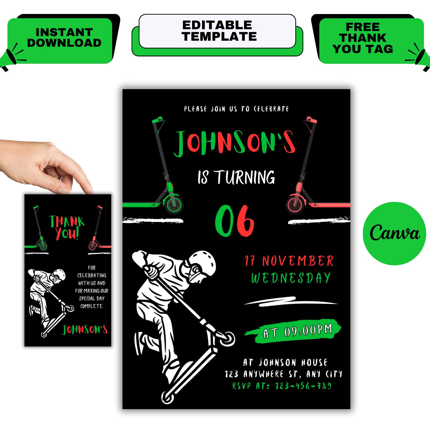 Editable Scooter Skating Birthday Invitation, Scooter Skating Invite ...