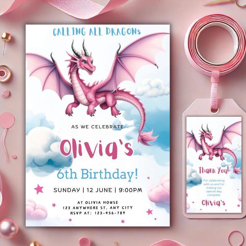 Pink Dragon Birthday Invitation, Girls Fantasy Party (editable, Instant ...