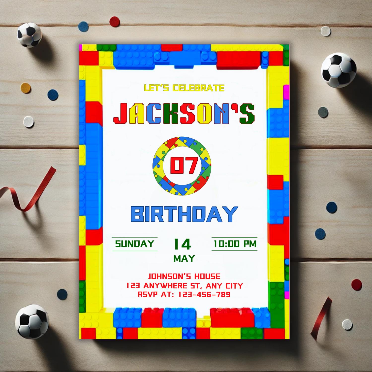 Building Blocks Birthday Invitation, Building Bricks Kids Birthday ...