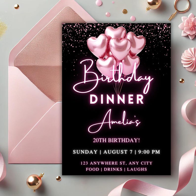 Pink Birthday Dinner Digital Invitation, Birthday Dinner Invite ...