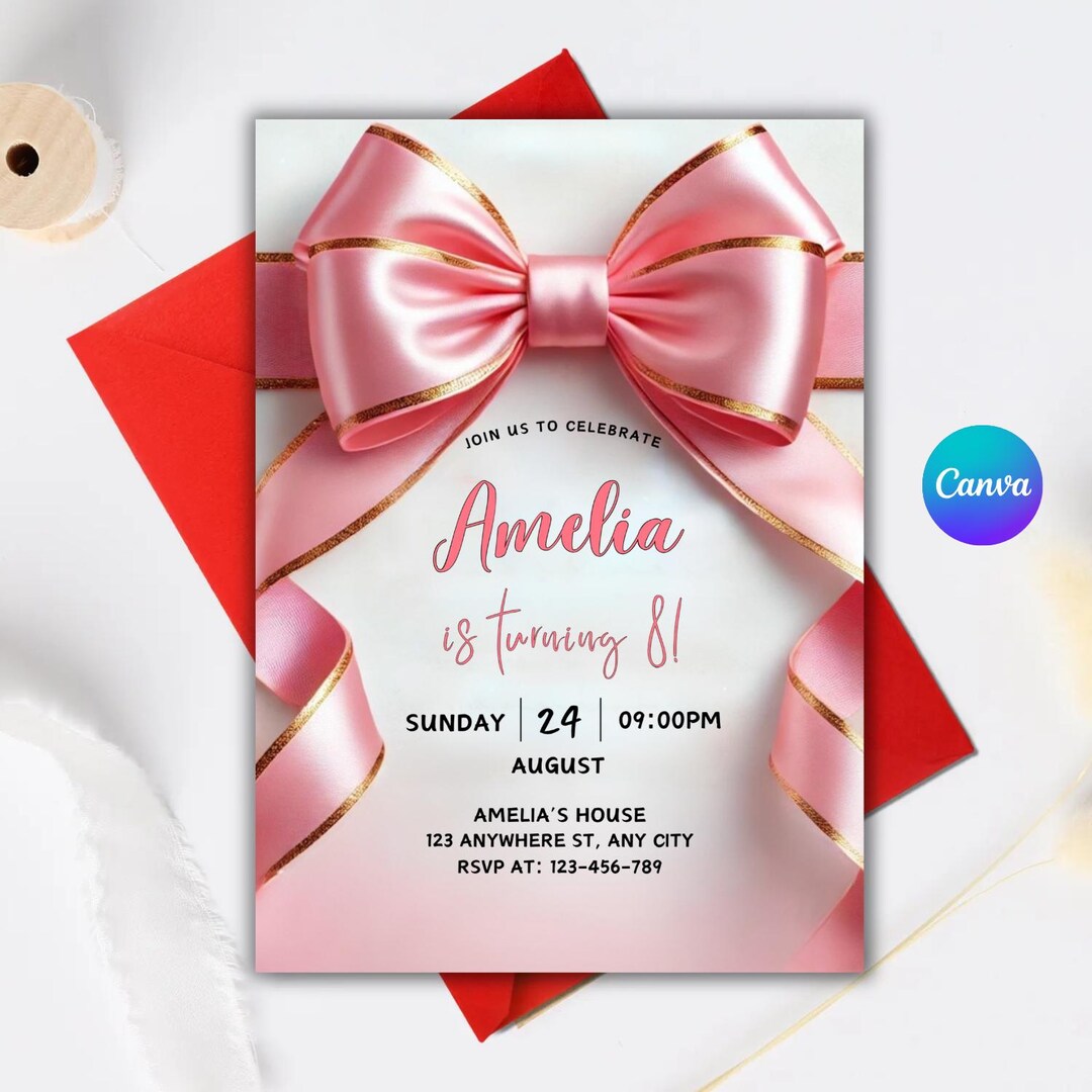 Pink Bow Invitation, Pink Bow Birthday Invite, Coquette Bow Invite ...