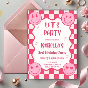 Retro Smiley Birthday Invitation, Pink Checkered Party Invite (instant ...