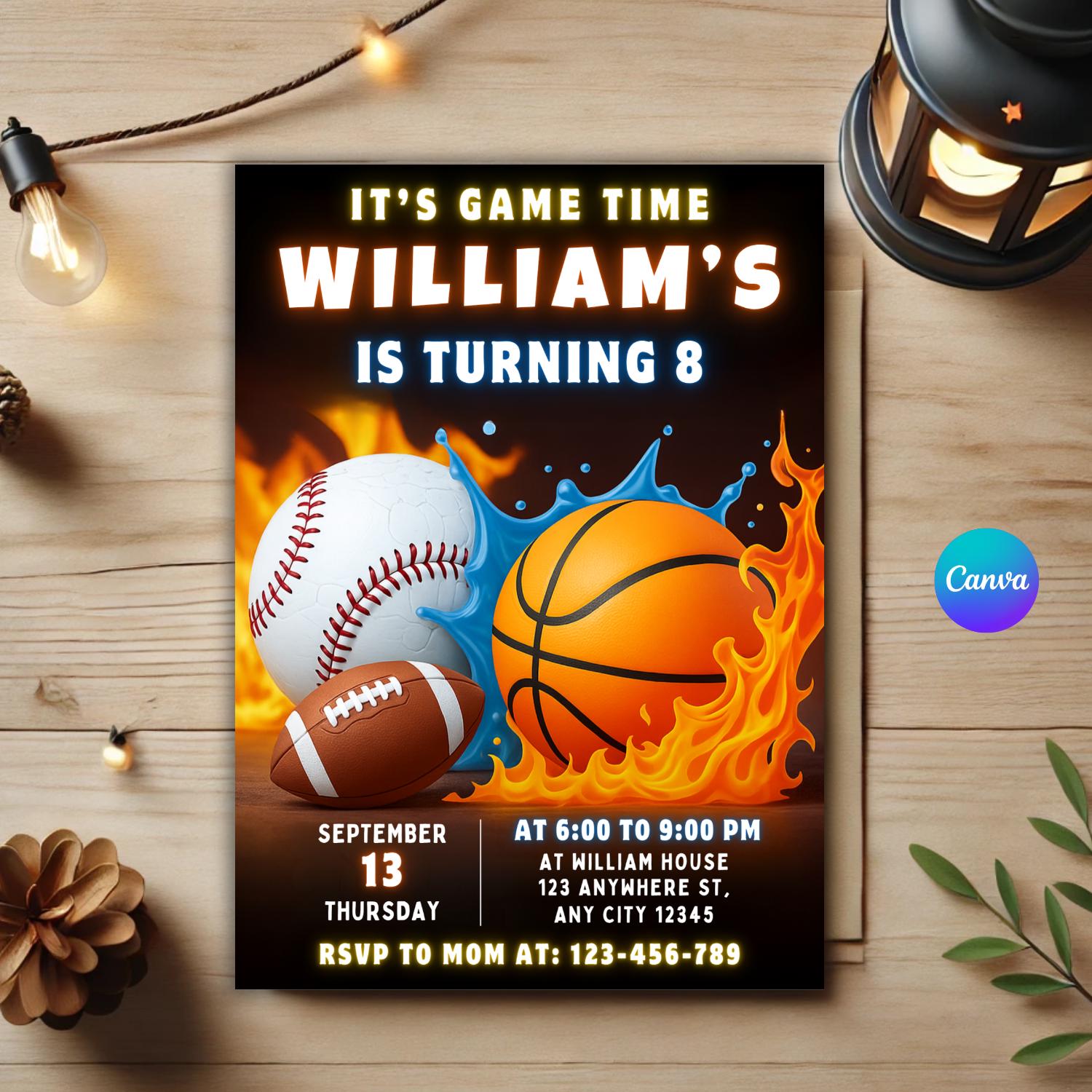 Editable Sports Birthday Invitation, Sports Party Invite, Sports Game ...