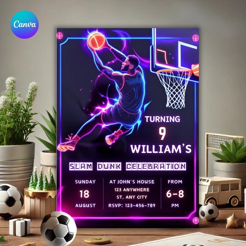 Basketball Birthday Invitation, Basketball Invite, Glow Basketball ...