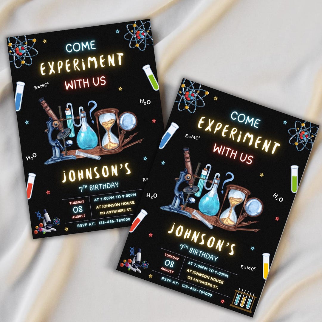 Mad Science Birthday Invitation, Science Experiment Invite, Neon Lab ...
