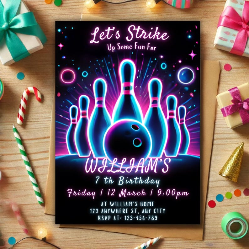 Editable Bowling Birthday Invitation, Glow Bowling Invitation, Strike ...
