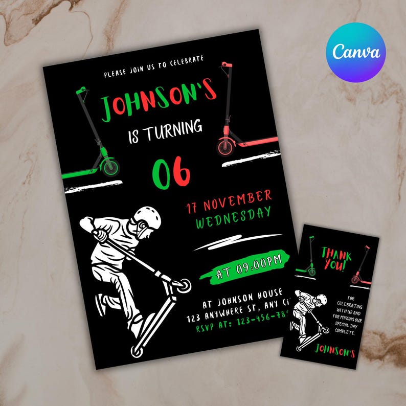 Editable Scooter Skating Birthday Invitation, Scooter Skating Invite ...