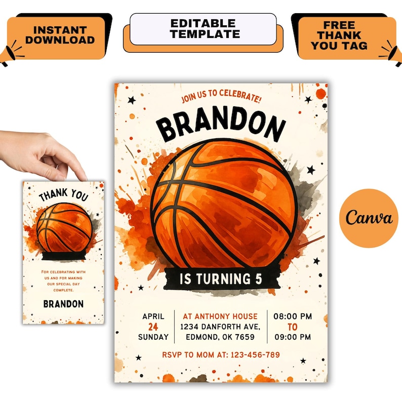 Basketball Birthday Party Invitation, Sports Theme (instant Download ...