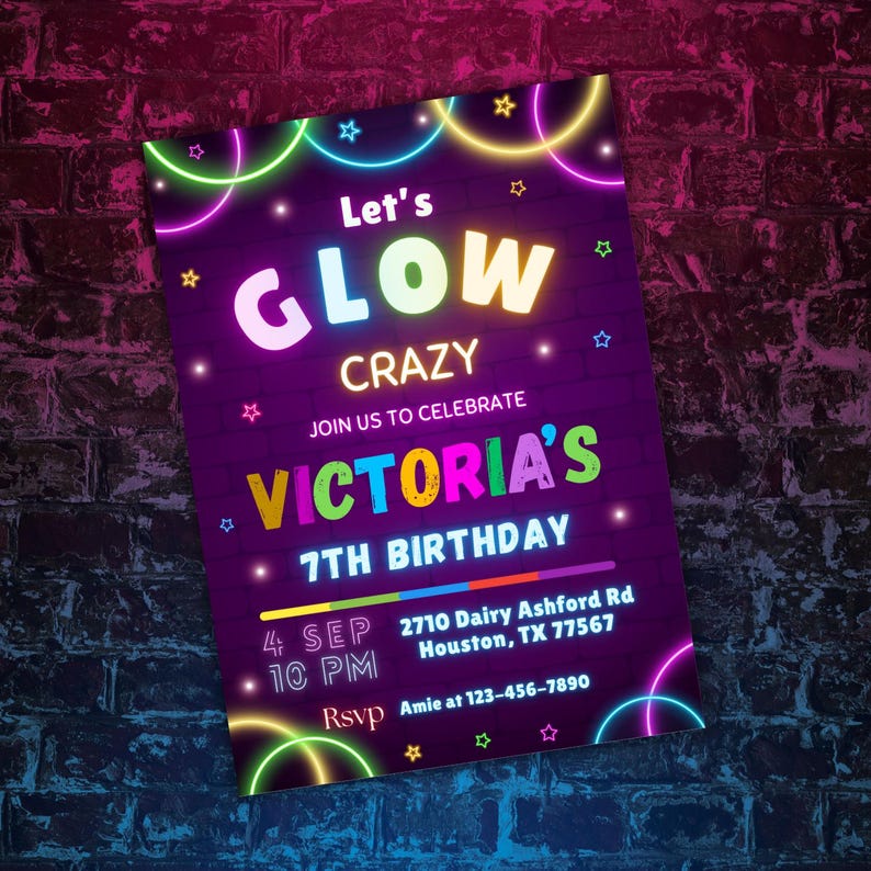 Editable Glow Party Birthday Invitation, Glow Party Template, Neon ...