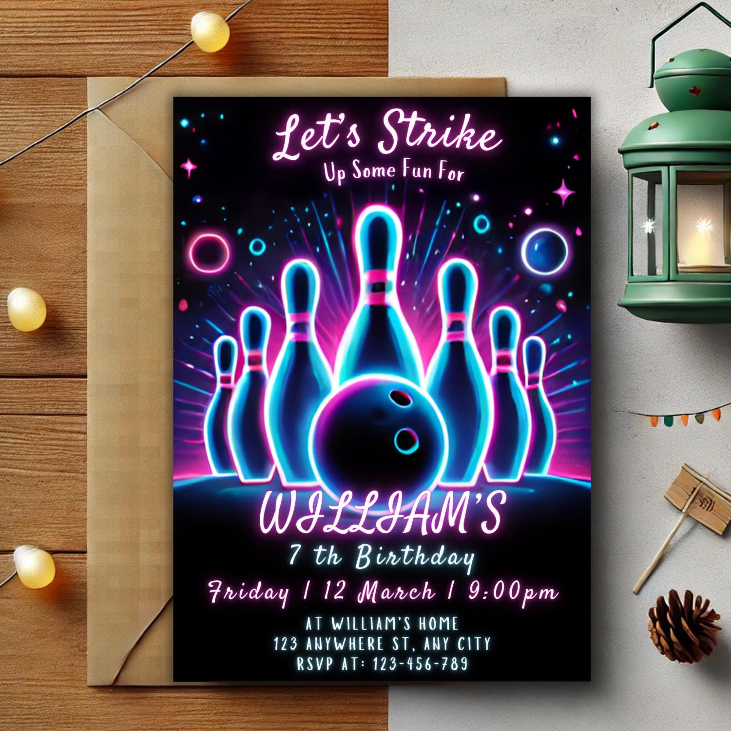 Editable Bowling Birthday Invitation, Glow Bowling Invitation, Strike ...